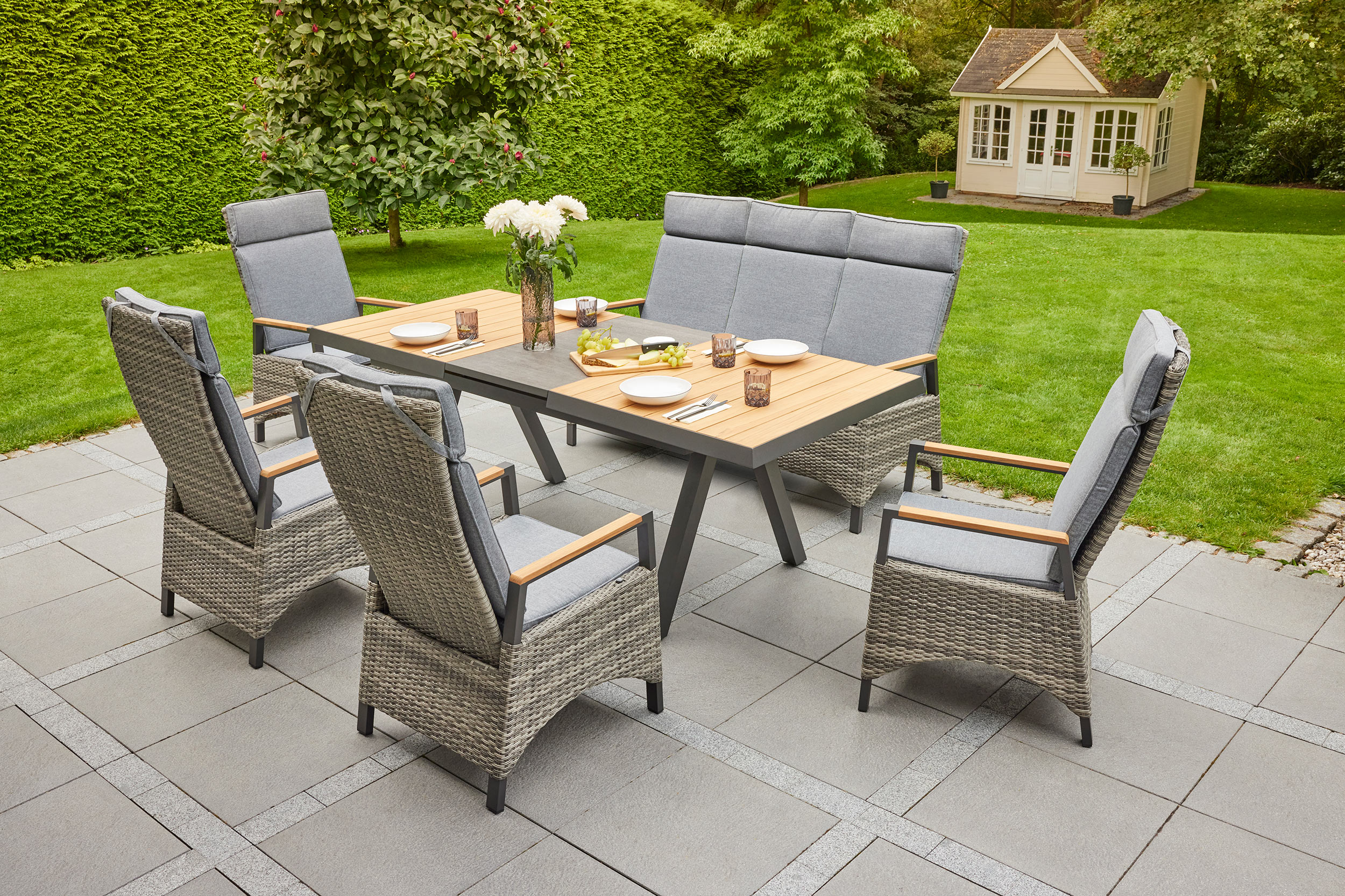 LC Garden »Kumasi« Gartenset VI 6tlg. Esstisch 160/210x100cm Aluminium/Teakholz/Keramik + 4 ...